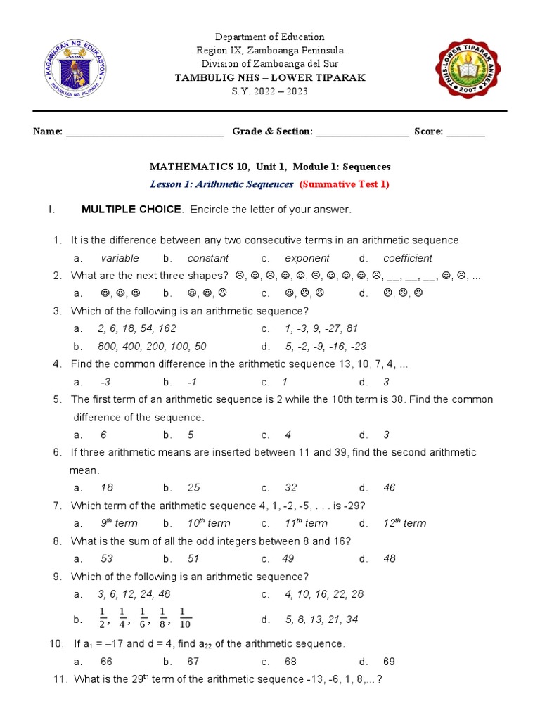 Math 10 Test 1 (Arithmetic Sequences) | PDF | Elementary Mathematics ...