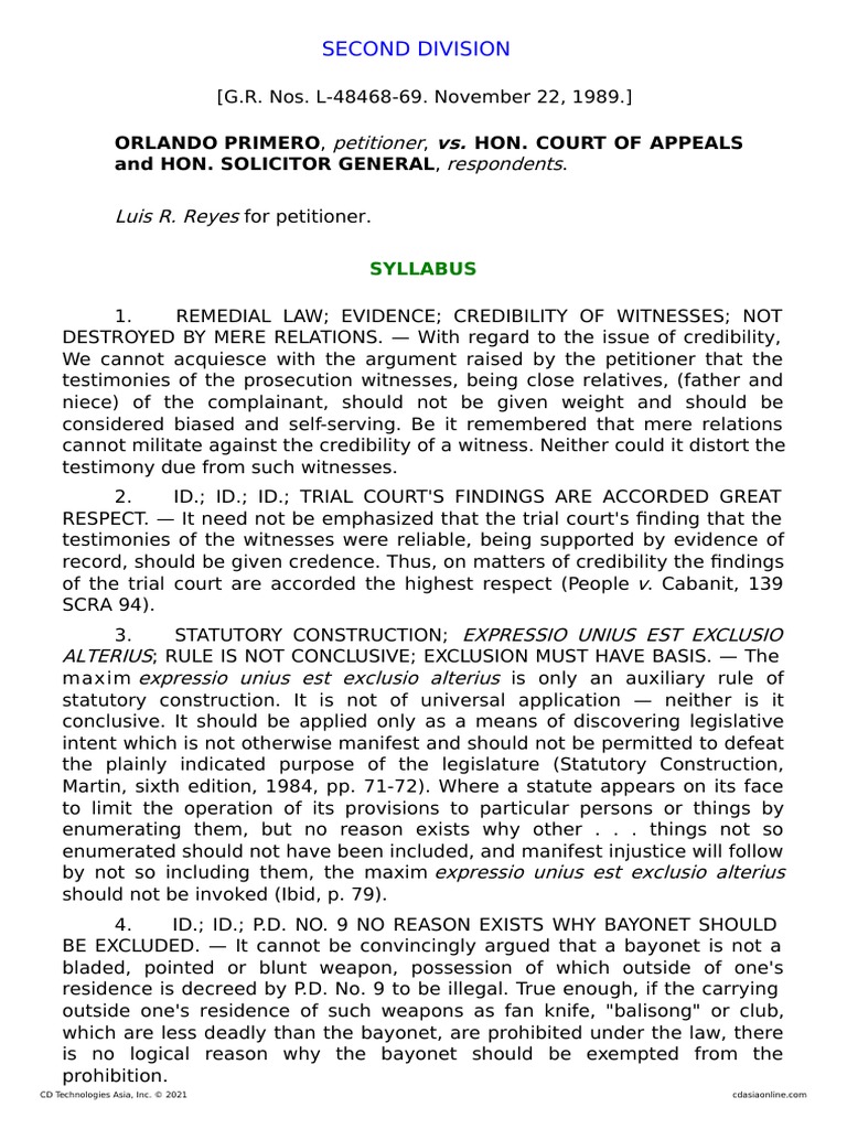Primero v. Court of Appeals | PDF | Statutory Interpretation | Witness