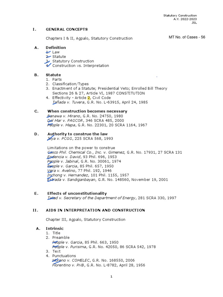 Statutory Construction Course Outline 2022 2023 JSL | PDF | Law