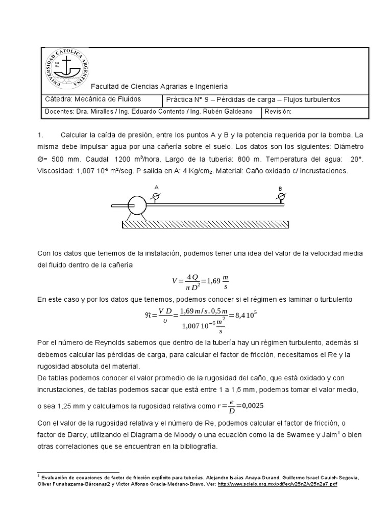 TP - 9 - Perdidas de Carga - 2020 - Medio Resuelto | PDF | Tubería (transporte de fluidos) | Bomba