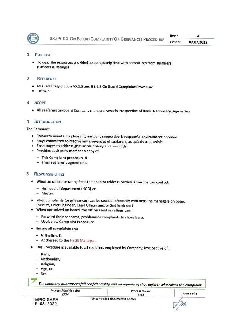 Onboard Complaint | PDF