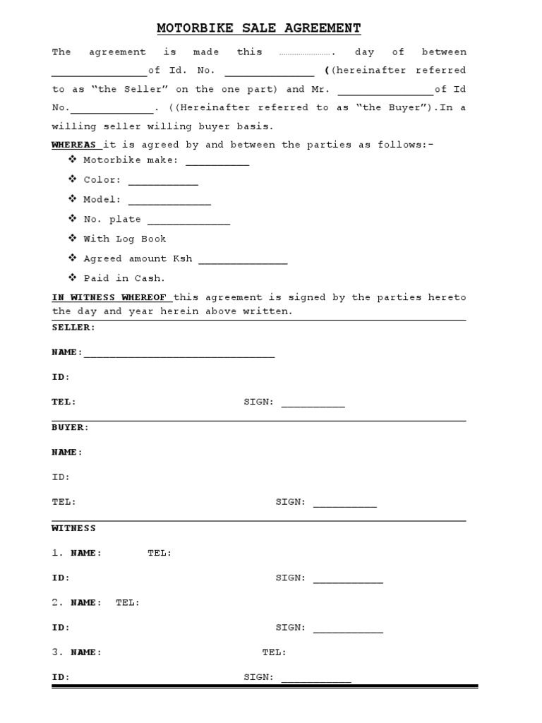 Motorcycle Sale Agreement Template | PDF
