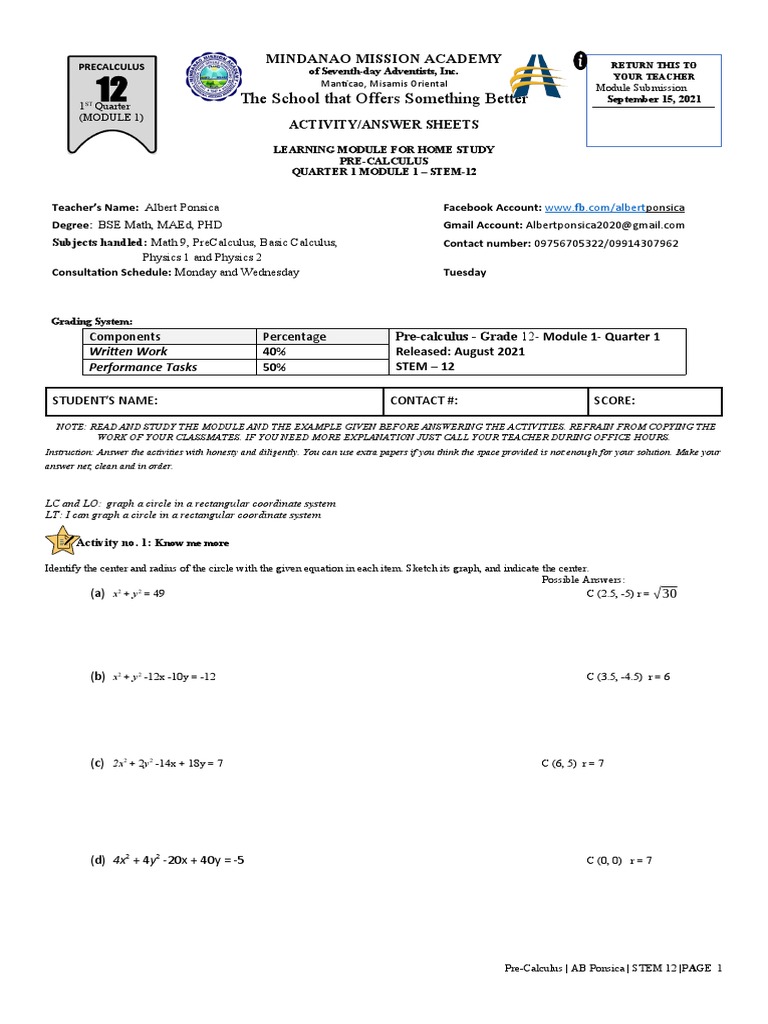 Pre-Calculus Module 1: Conic Sections | PDF | Ellipse | Differential ...