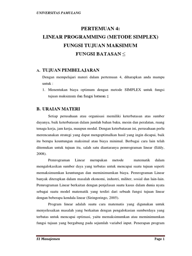 Pertemuan 4: Linear Programming (Metode Simplex) Fungsi Tujuan Maksimum Fungsi Batasan | PDF