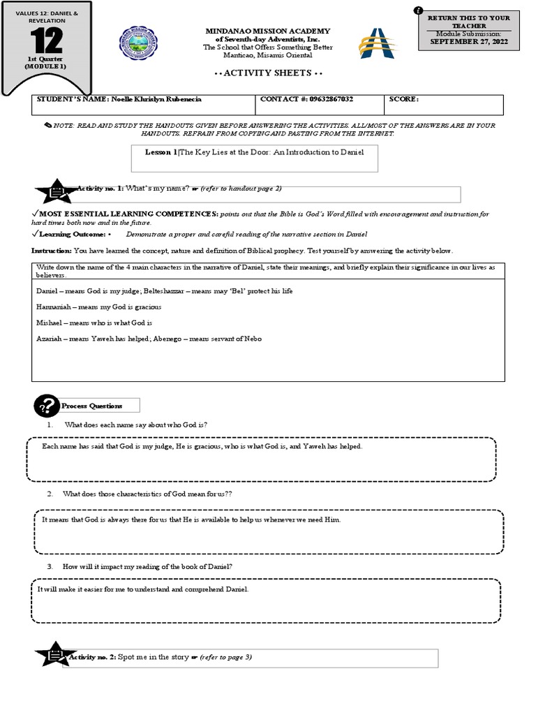 Daniel Answer Sheet Q1M1 | PDF | Book Of Daniel | Bible