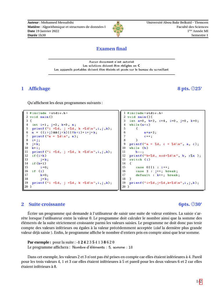 Examen d'Algorithmique en C | PDF | Programmation informatique ...