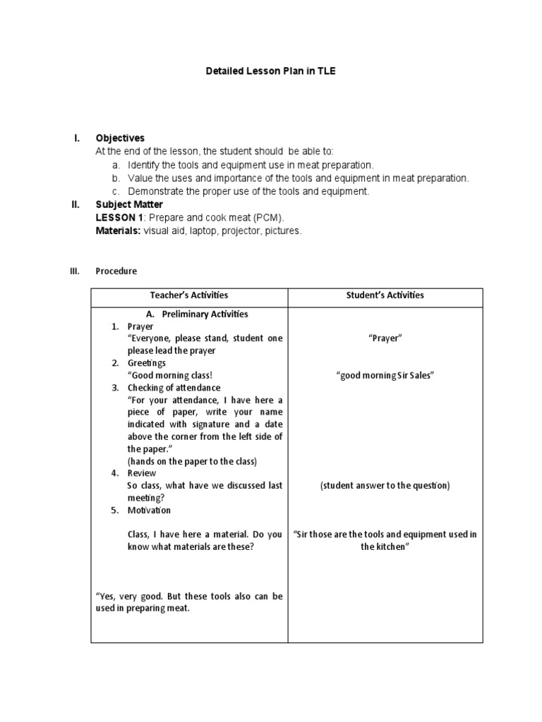 TLE Lesson Plan: Meat Preparation Tools | PDF | Knife | Oven