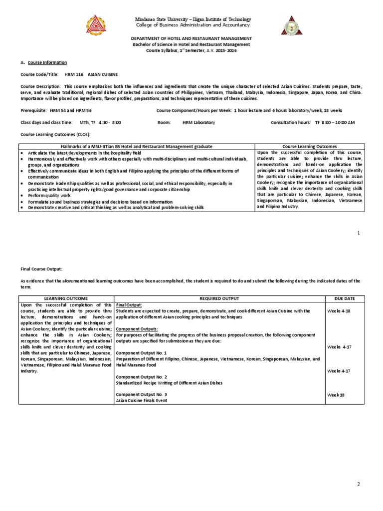 Asian Cuisine Course Syllabus HRM 116 | PDF | Rubric (Academic) | Chinese Cuisine