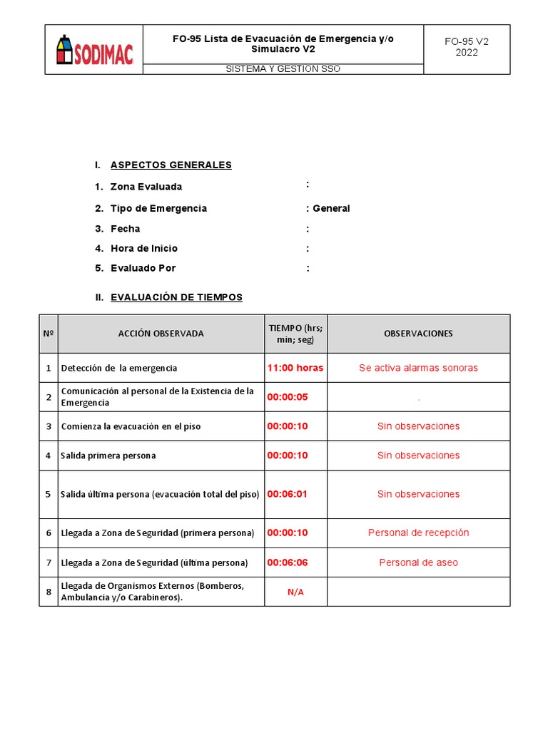 FO-95 Lista Verificación Evacuación o Simulacro V2 | PDF