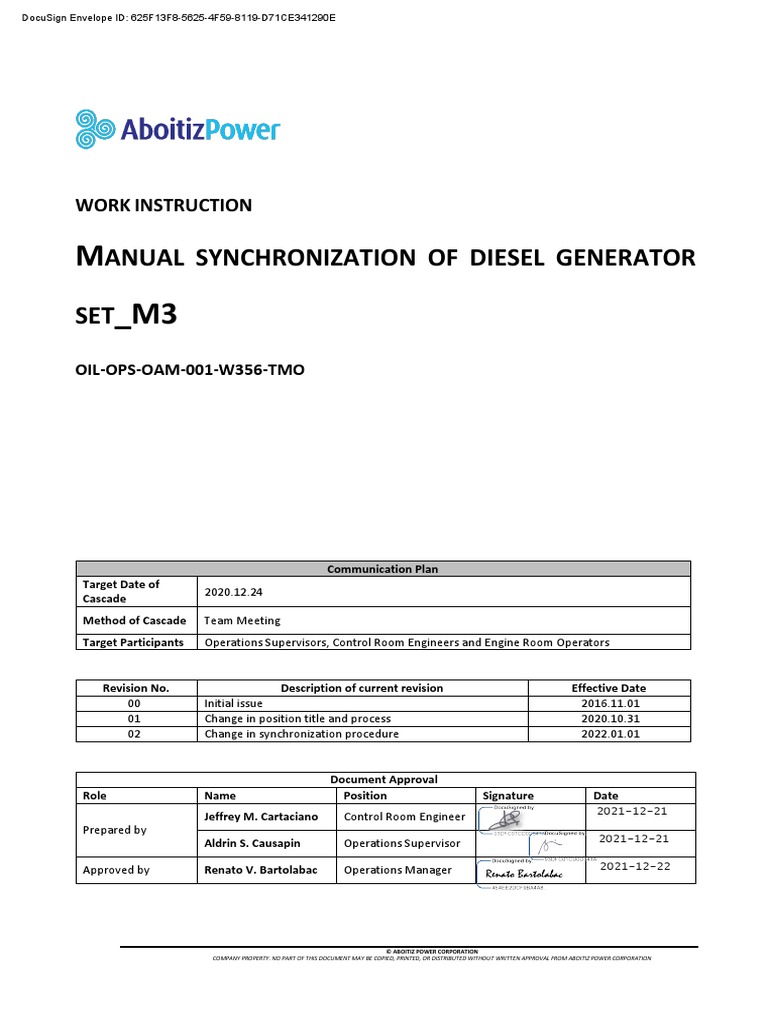 Manual Synchronization of Diesel Generator Set M3 Work Instruction (OIL ...