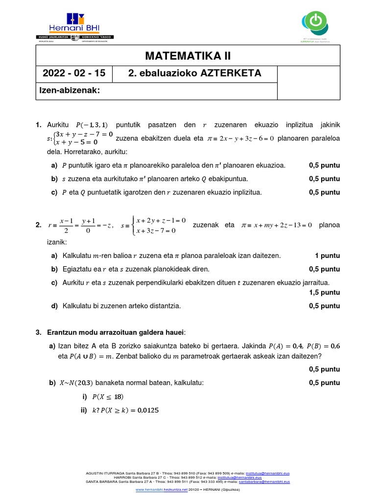 MATE II 2.ebal. AZTERKETA - 2021-22 | PDF