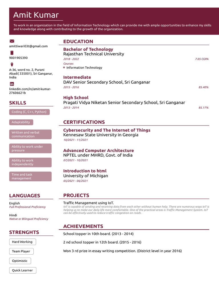 Amitkumar - CV | PDF | Internet Of Things | Cognition