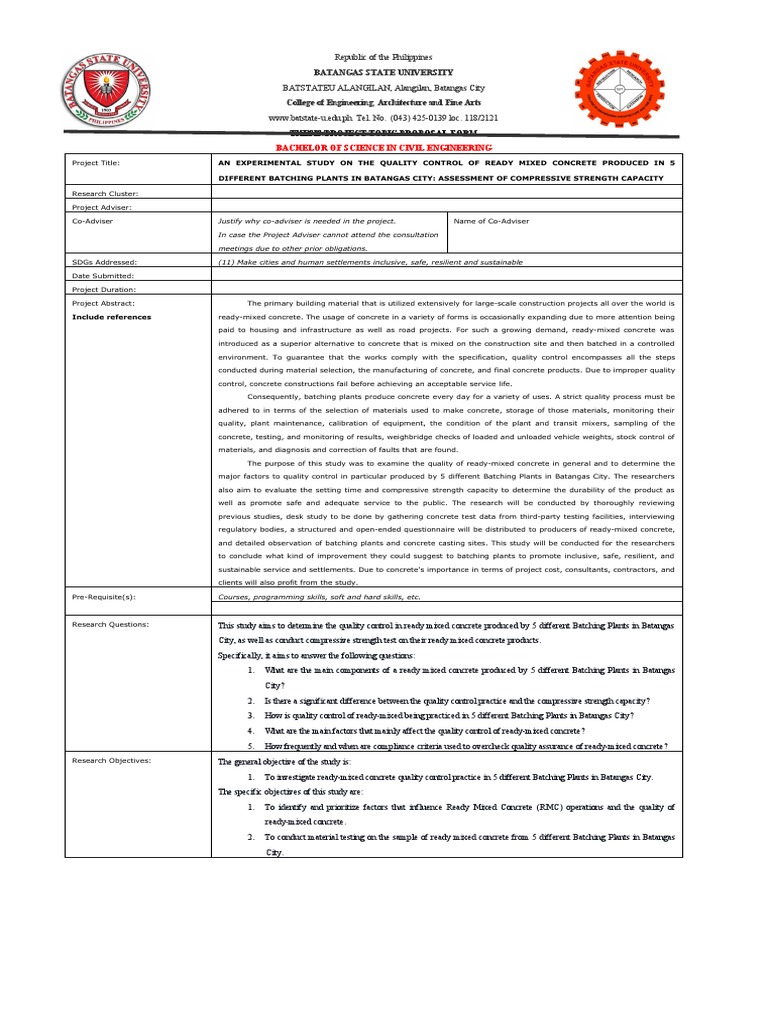 Bachelor of Science in Civil Engineering: Thesis/Project Topic Proposal Form | PDF | Concrete