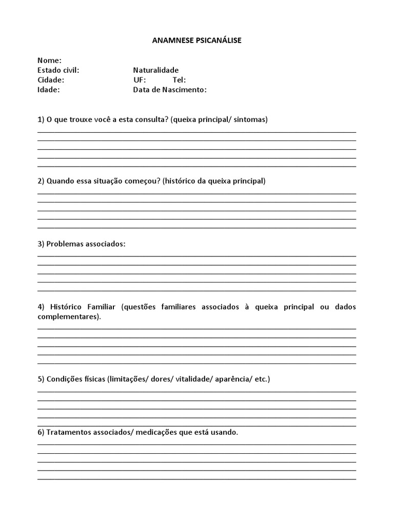 Modelo de Anamnese | PDF | Psicologia | Medicina Clínica