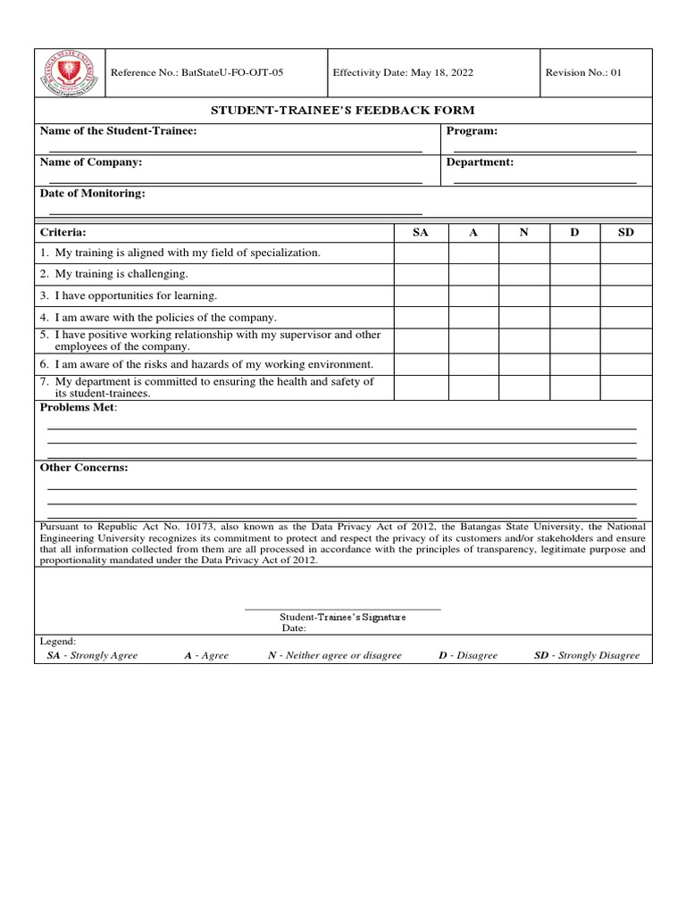BatStateU-FO-OJT-05 - Student Trainee's Feedback Form - Rev. 01 | PDF