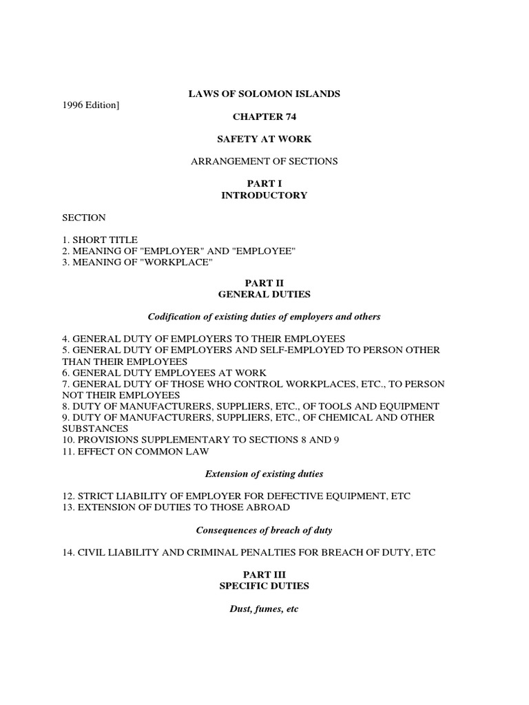 Safety at Work Act - 1996 Edition - PACLII | PDF | Legal Liability ...