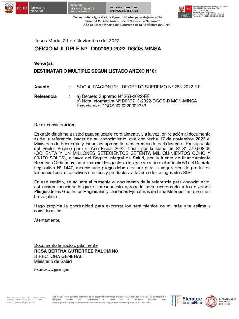 Oficio Multiple-000069-2022-Dgos - Socializacion Del DS 263 - Pilar | PDF | Perú | Lima