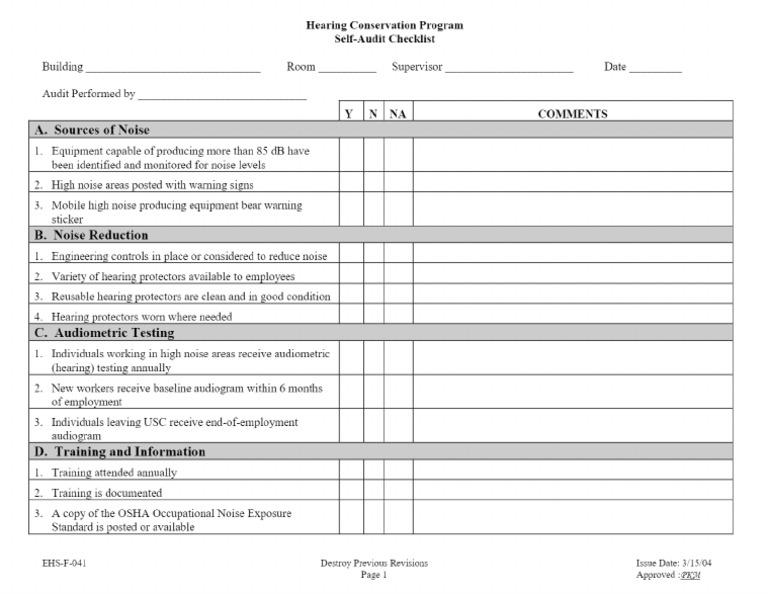 Noise and Hearing Conservation Checklist | PDF