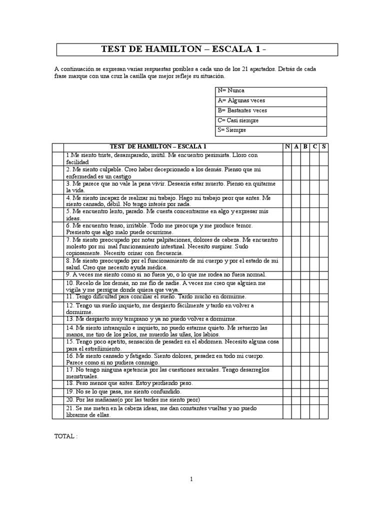 Test de Hamilton Escala 1 | PDF | Enfermedades y trastornos | Medicina ...