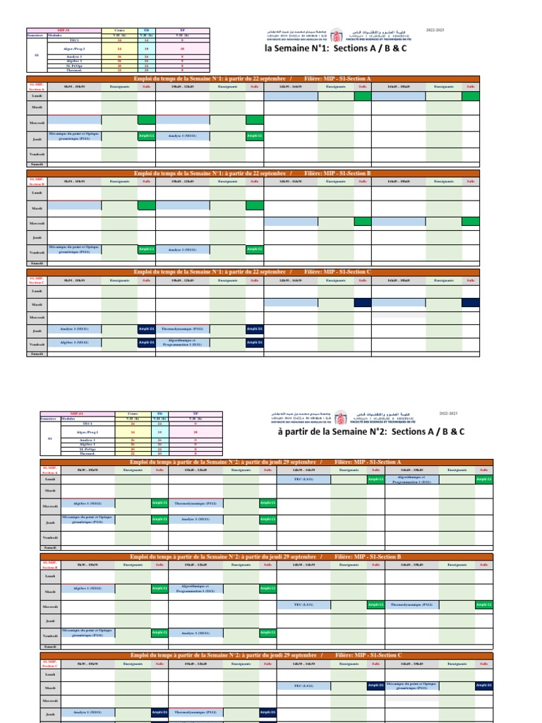 Emploi Du Temps Automne 2022 2023 MIP S1 V2 | PDF | Mathématiques