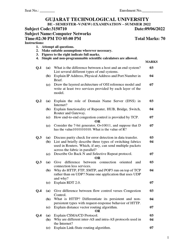 GTU BE Semester V Computer Networks Exam Review | PDF | Internet ...