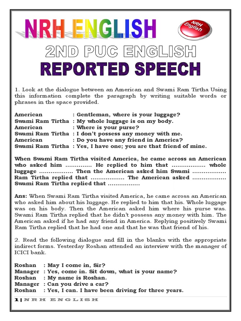 Reported Speech Worksheet 2021 | PDF