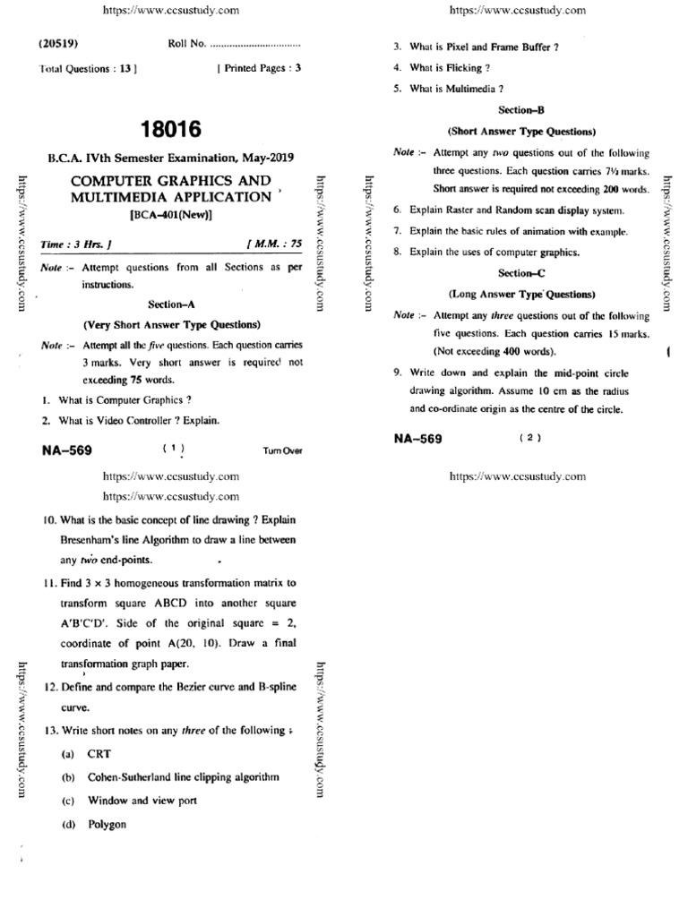 Bca 4 Sem Computer Graphics and Multimedia Application 18016 May 2019 | PDF