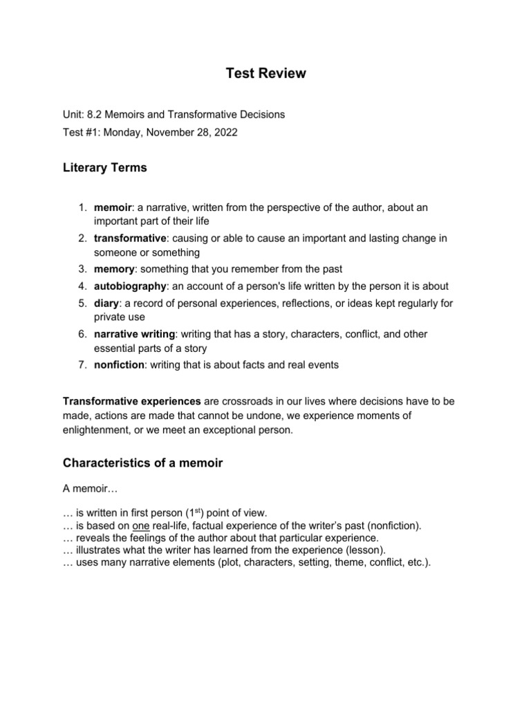 Memoir Characteristics and Elements | PDF | Plot (Narrative) | Narrative
