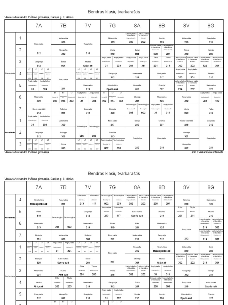7A 7B 7V 7G 8A 8B 8V 8G: Bendras Klasių Tvarkaraštis | PDF