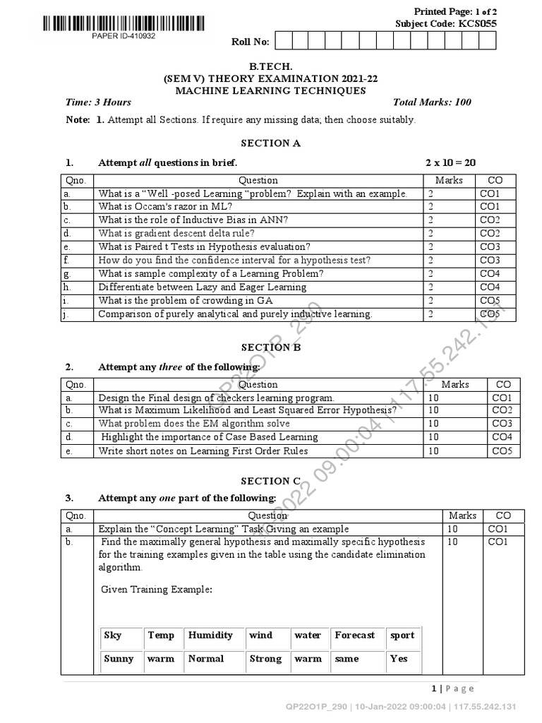 B.Tech Machine Learning Exam Paper | PDF | Machine Learning | Statistics