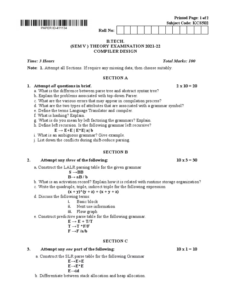 Btech Cs 5 Sem Compiler Design Kcs502 2022 | PDF | Teaching Methods & Materials