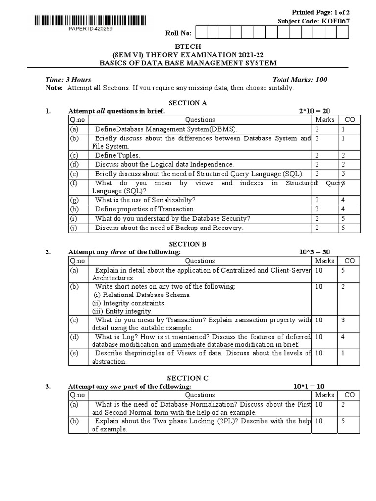 Btech Oe 6 Sem Basics of Data Base Management System Koe067 2022 | PDF