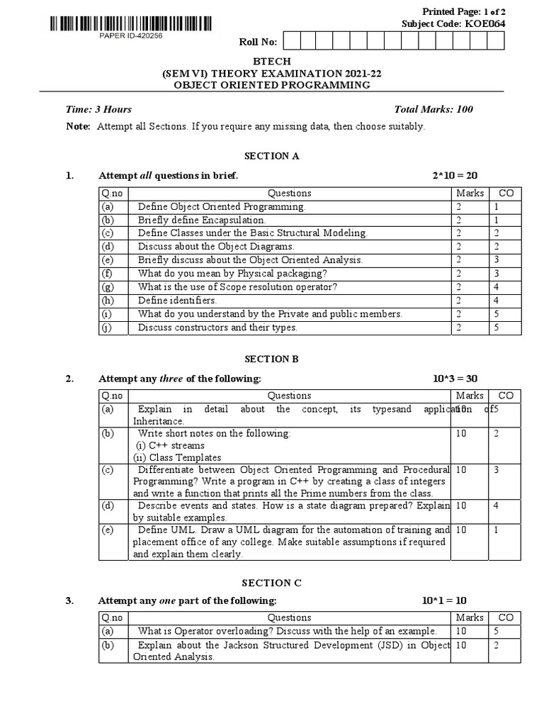Object Oriented Programming Theory Exam Questions | PDF Object Oriented Programming Theory Exam Questions | PDF