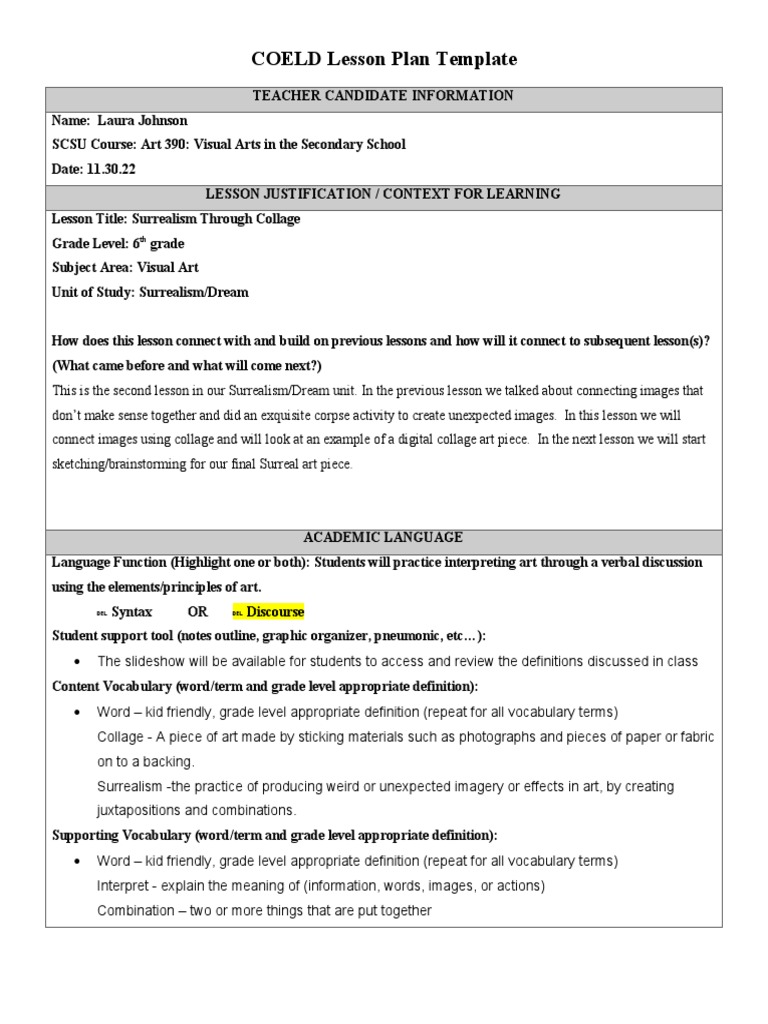 Edtpa Lesson Plan For Peerlesson Delivery | PDF | Collage | Lesson Plan