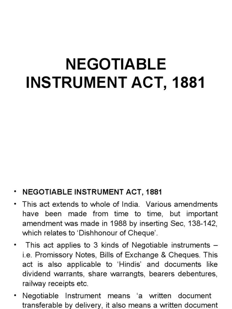 Presentation - NEGOTIABLE INSTRUMENT ACT | PDF | Negotiable Instrument | Cheque