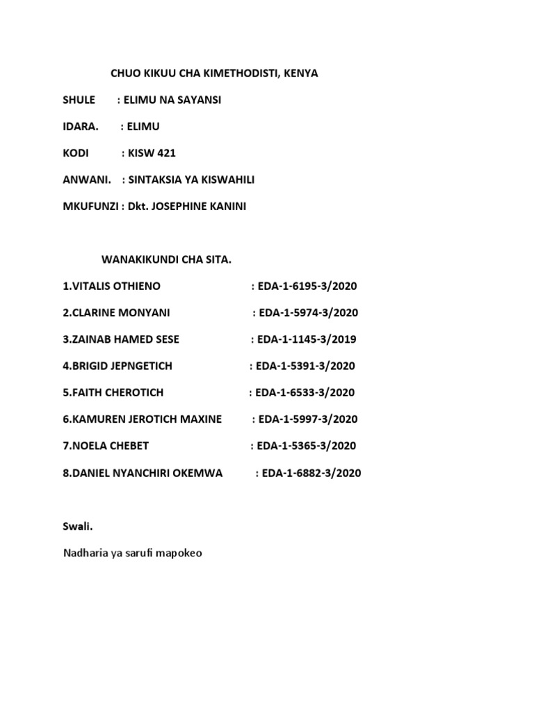 Kisw 421,,kikundi Cha Sita,, Nadharia Ya Sarufi Mapokeo | PDF