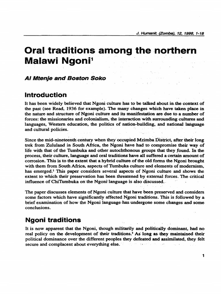 Oral Traditons and Language Among The Ngoni | PDF | Tone (Linguistics ...