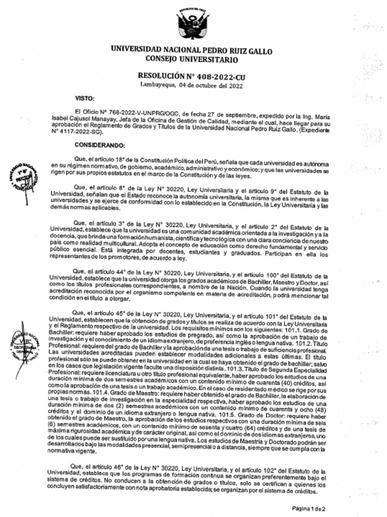 Res-N° 408-2022-Cu Reg-Grados y Titulos Actual | PDF | Titulo academico | Licenciatura
