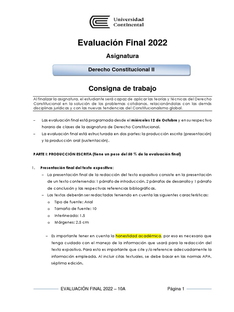 Consigna de Evaluación Final Derecho Constitucional II | PDF | Evaluación | Ley constitucional