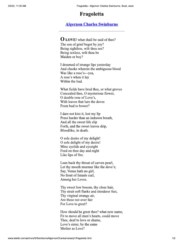 Fragoletta - Poem by Algernon Swinburne | PDF