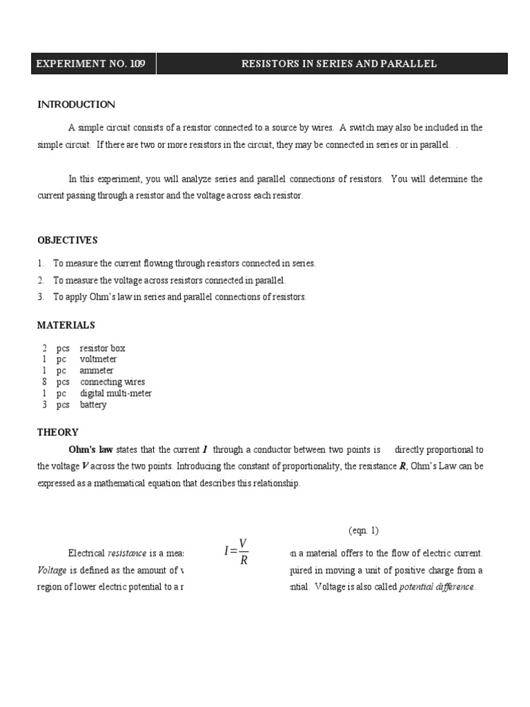 Experiment 109 Resistors in Series and Parallel - Online Modified | PDF | Series And Parallel ...