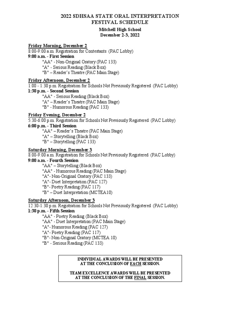 2022 South Dakota State Oral Interpretation Festival Schedule | PDF 2022 South Dakota State Oral Interpretation Festival Schedule | PDF