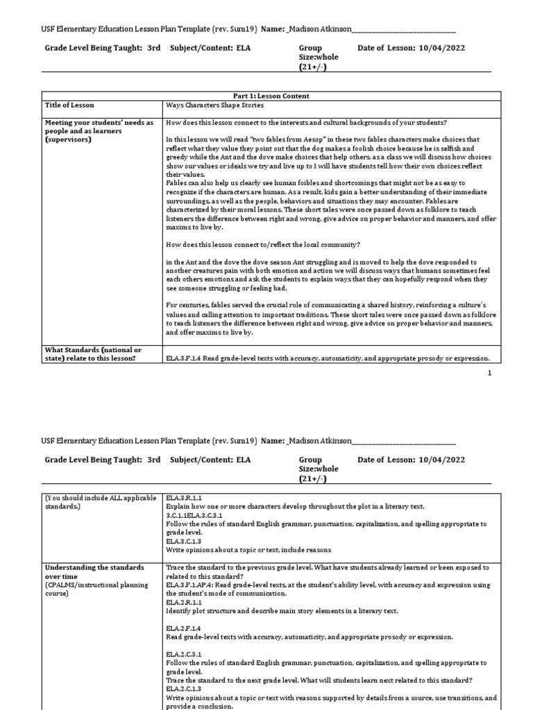 Characters' Choices in Fables | PDF | Educational Assessment | Lesson Plan