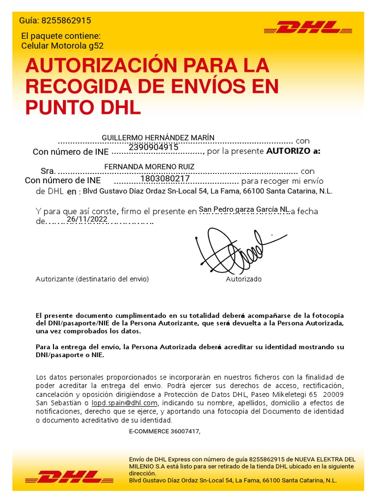 Es-Dhl-Parcel-Autorizacion-Recogida-Servicepoint-032018 (4) 21222324 - Sign | PDF | Documento ...