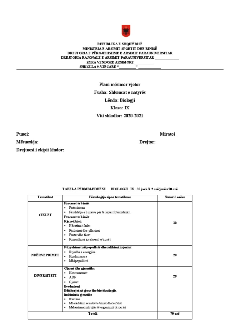 Biologjia 9 Plani Mesimor 2020 2021 1 | PDF