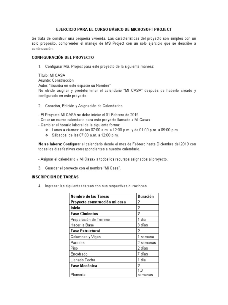 Ejercicio para El Curso Básico de Microsoft Project 1 | PDF | Calendario