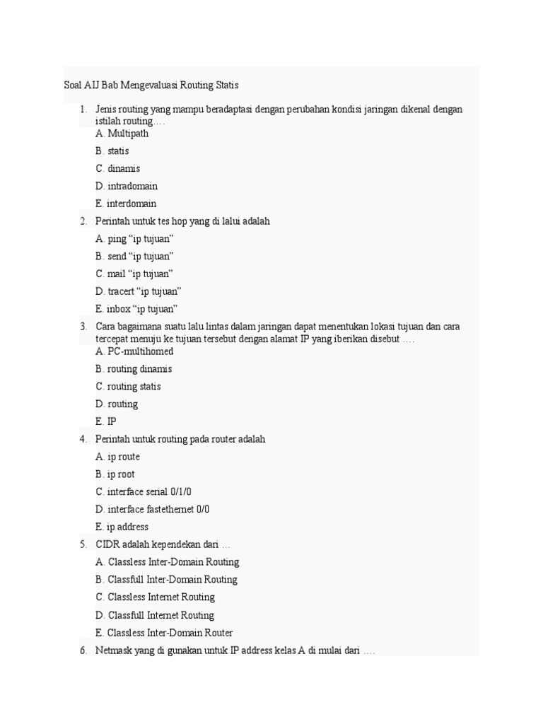 Soal AIJ Bab Mengevaluasi Routing Statis | PDF