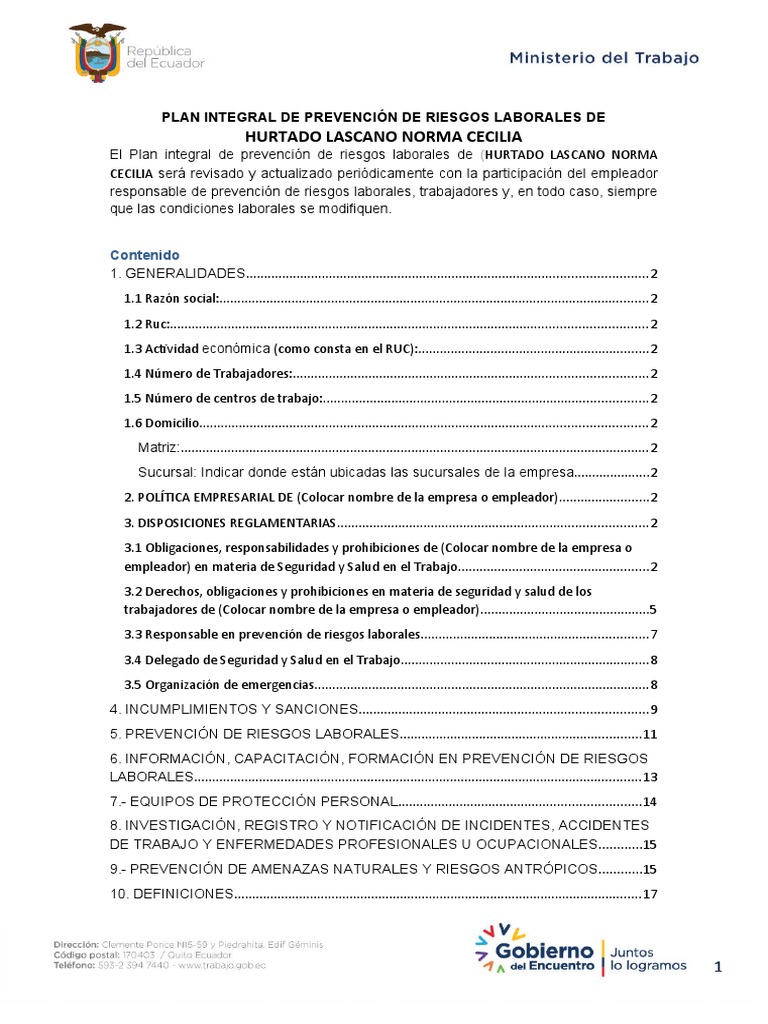 Formato Plan Integral de Prevención de Riesgos Laborales N h1 | Descargar gratis PDF | Riesgo ...