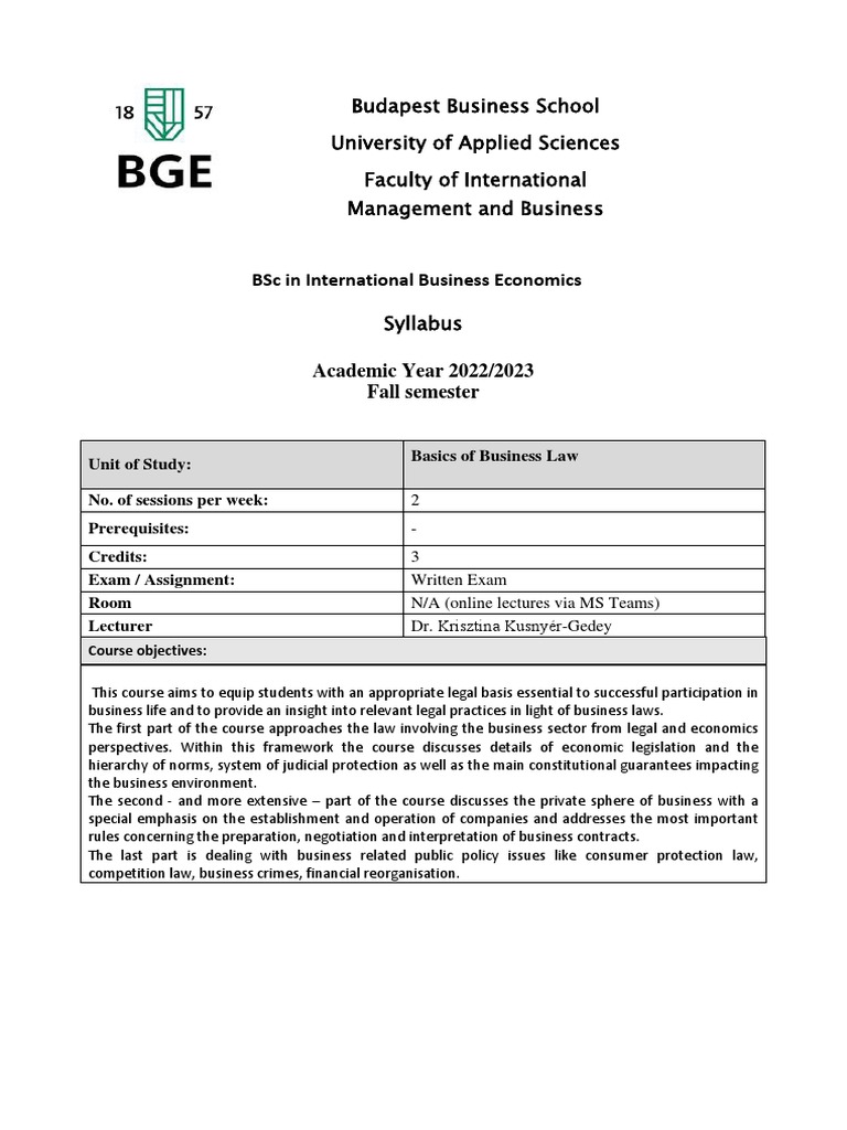 Syllabus - Business Law - 2022 Fall | PDF | Test (Assessment) | Final ...