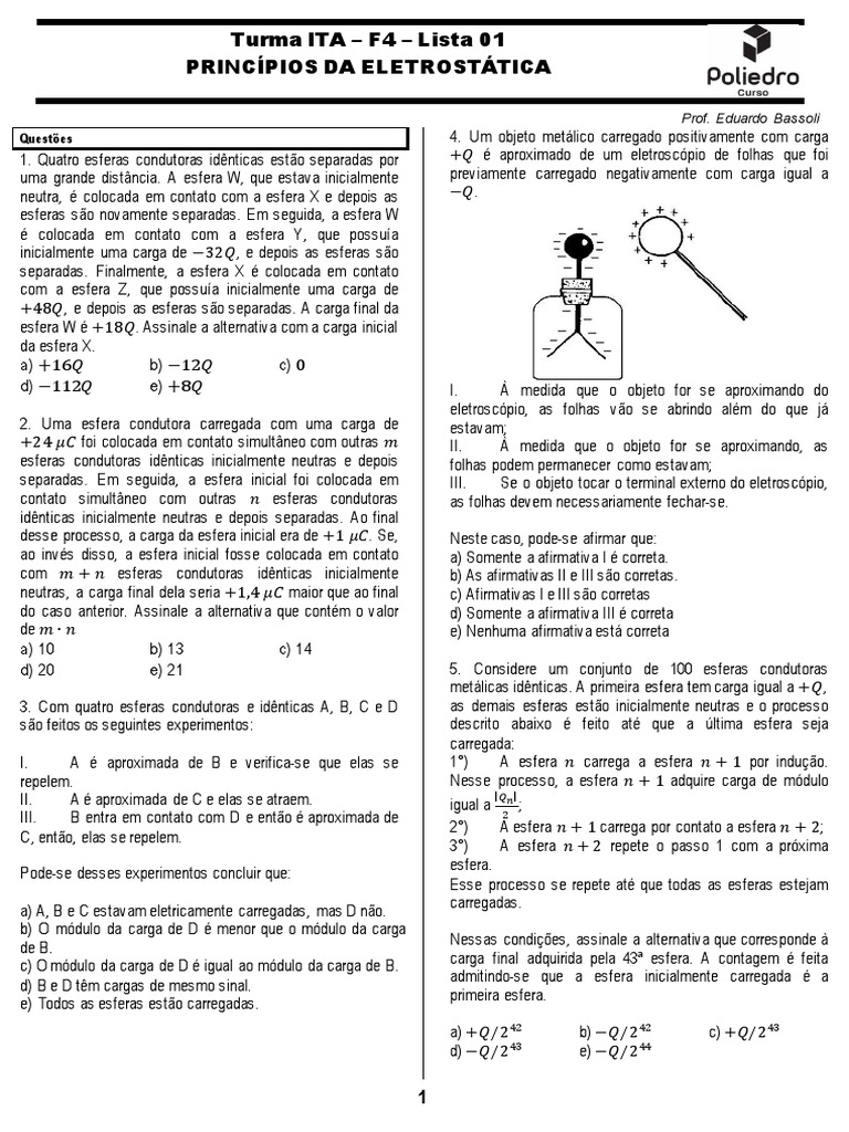 Lista 01 - Princípios Da Eletrostática | PDF | Carga elétrica ...